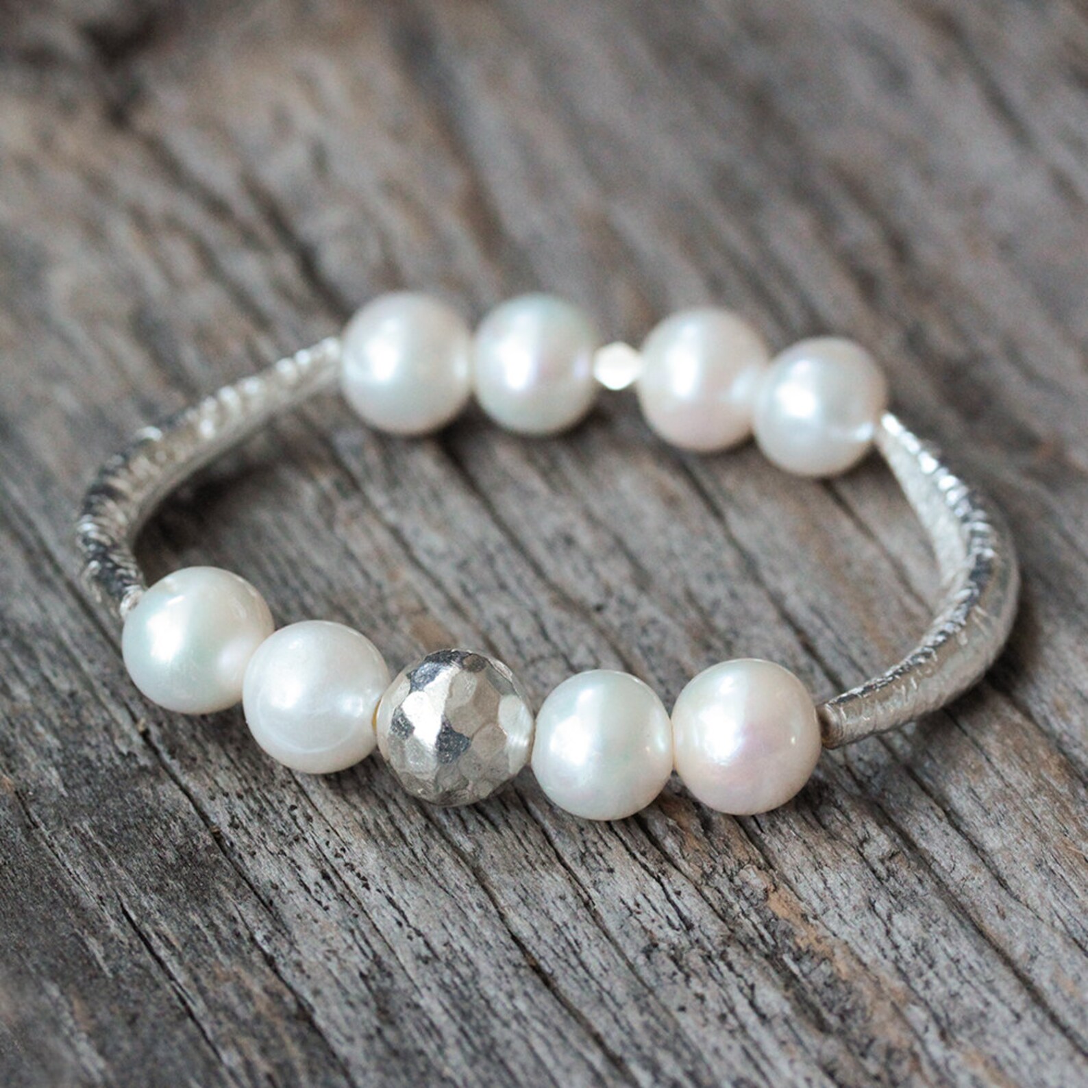 White Pearl Silver Bangle / Hammered Hill Tribe Silver / Ocean Beach ...