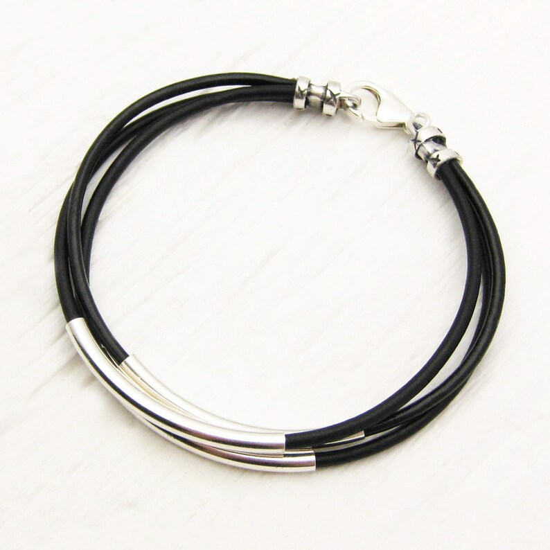 Unisex Black Leather Sterling Silver Bracelet Eco Friendly Etsy