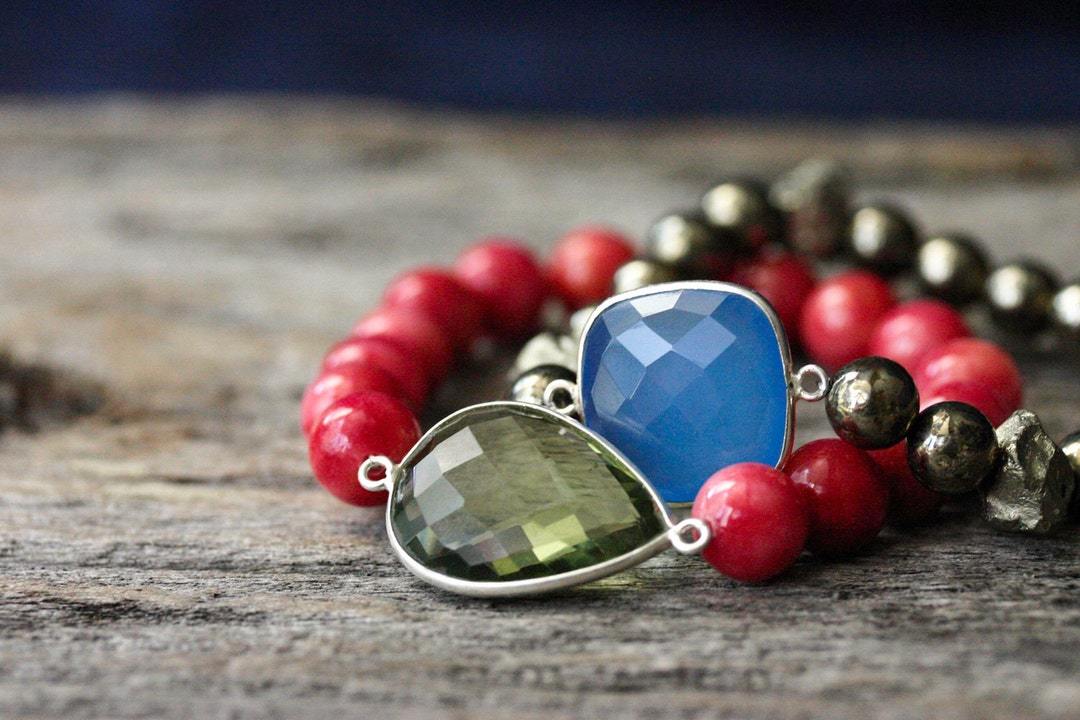 Watermelon Jade & Quartz Teardrop Statement Bracelet / Gemstone ...