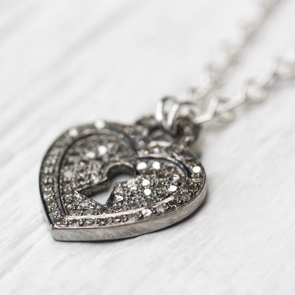 Diamond Heart Charm Necklace Sterling Silver Key Lock - Etsy