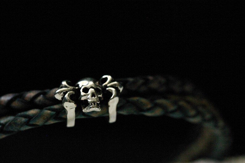 Leather Skull Head Unisex Bangle Bracelet Sterling Silver - Etsy