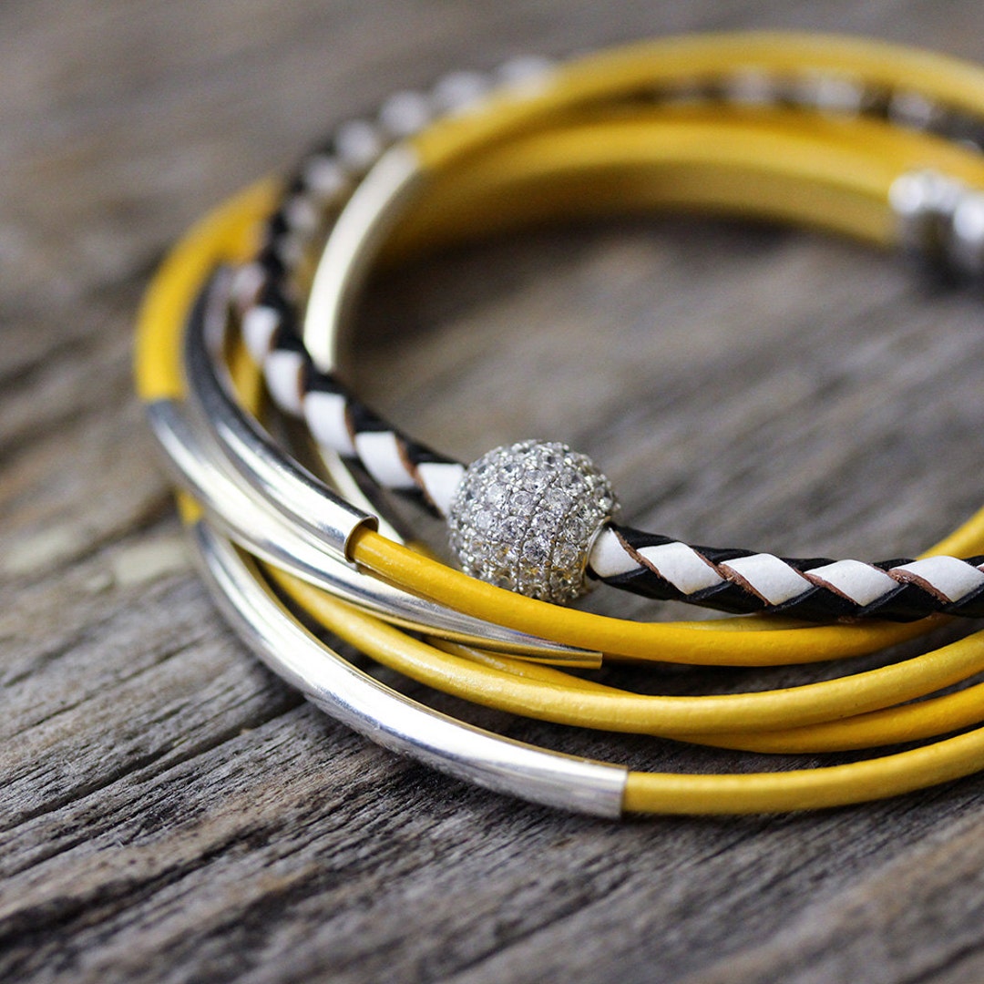 Eco Friendly Leather Bangle Bracelet / Yellow in Sterling Silver Black ...