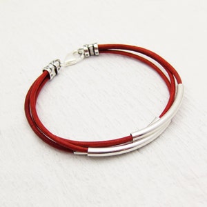 Red Leather Bangle Bracelet Solid Sterling Silver Tubes, Berry Deep ...