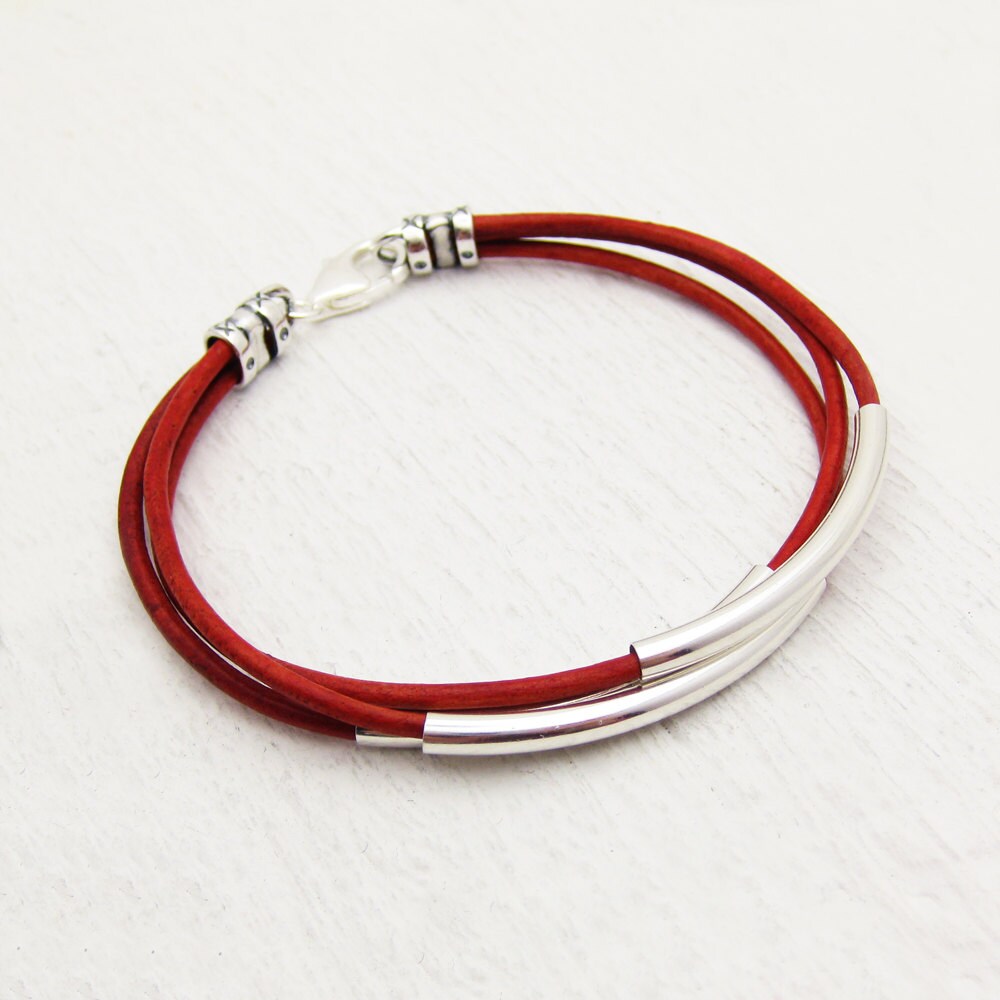 Red Leather Bangle Bracelet Solid Sterling Silver Tubes Berry - Etsy