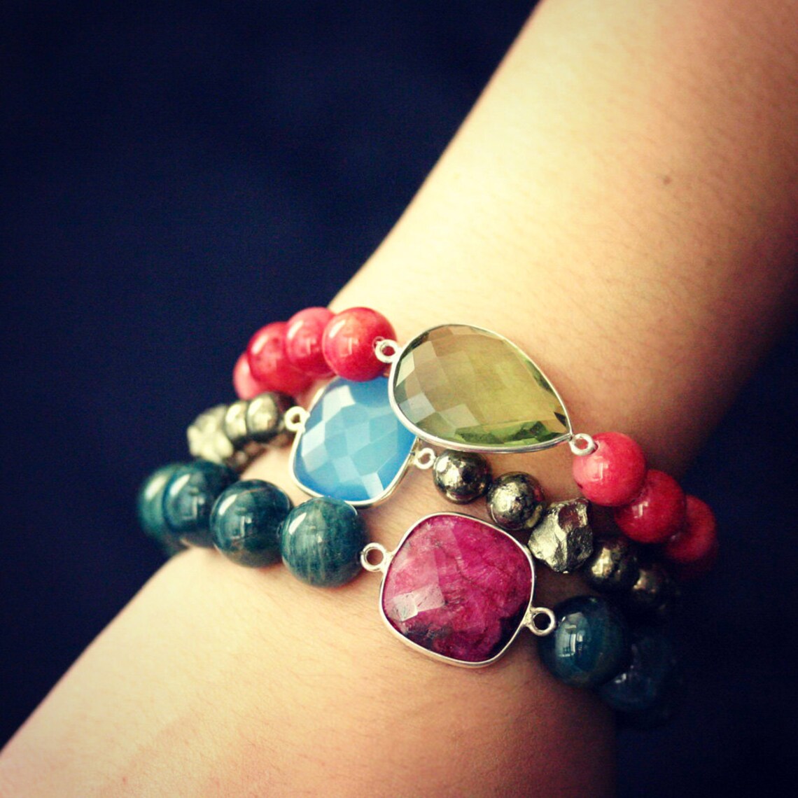 Watermelon Jade & Quartz Teardrop Statement Bracelet / Gemstone ...