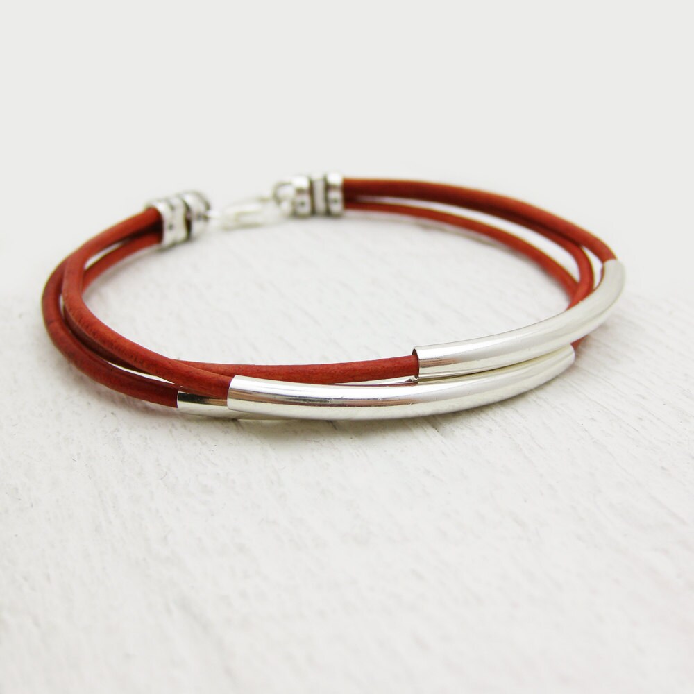 Red Leather Bangle Bracelet Solid Sterling Silver Tubes Berry - Etsy