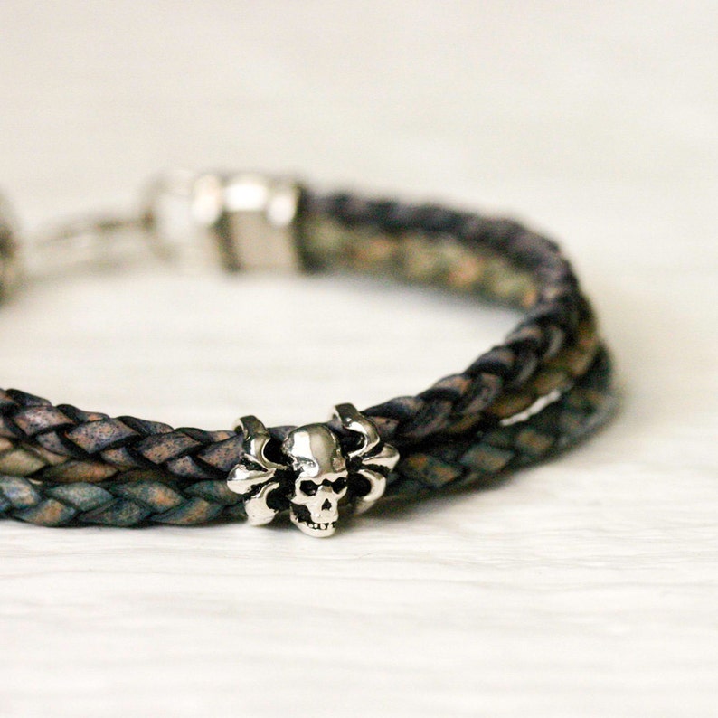 Leather Skull Head Unisex Bangle Bracelet Sterling Silver - Etsy