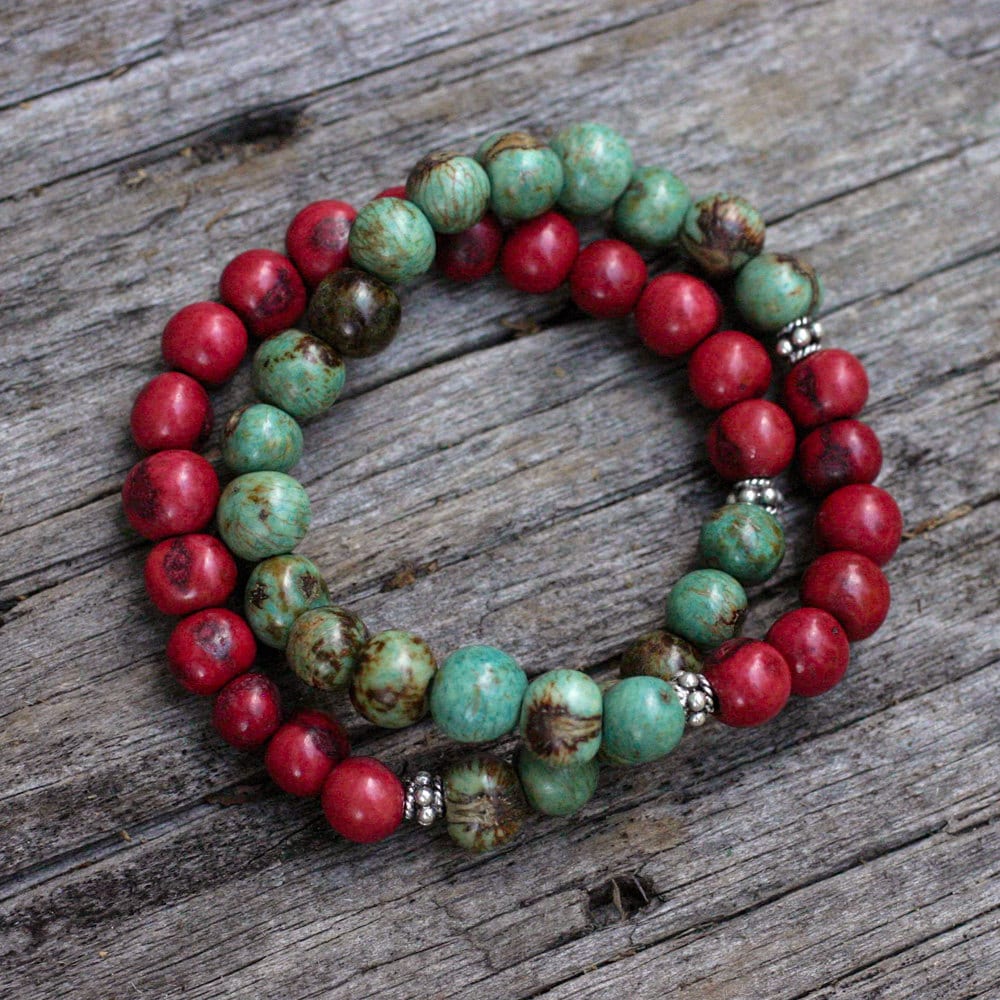 Cranberry Aqua Acai Bead Bracelets / Bali Sterling Silver Stacking ...