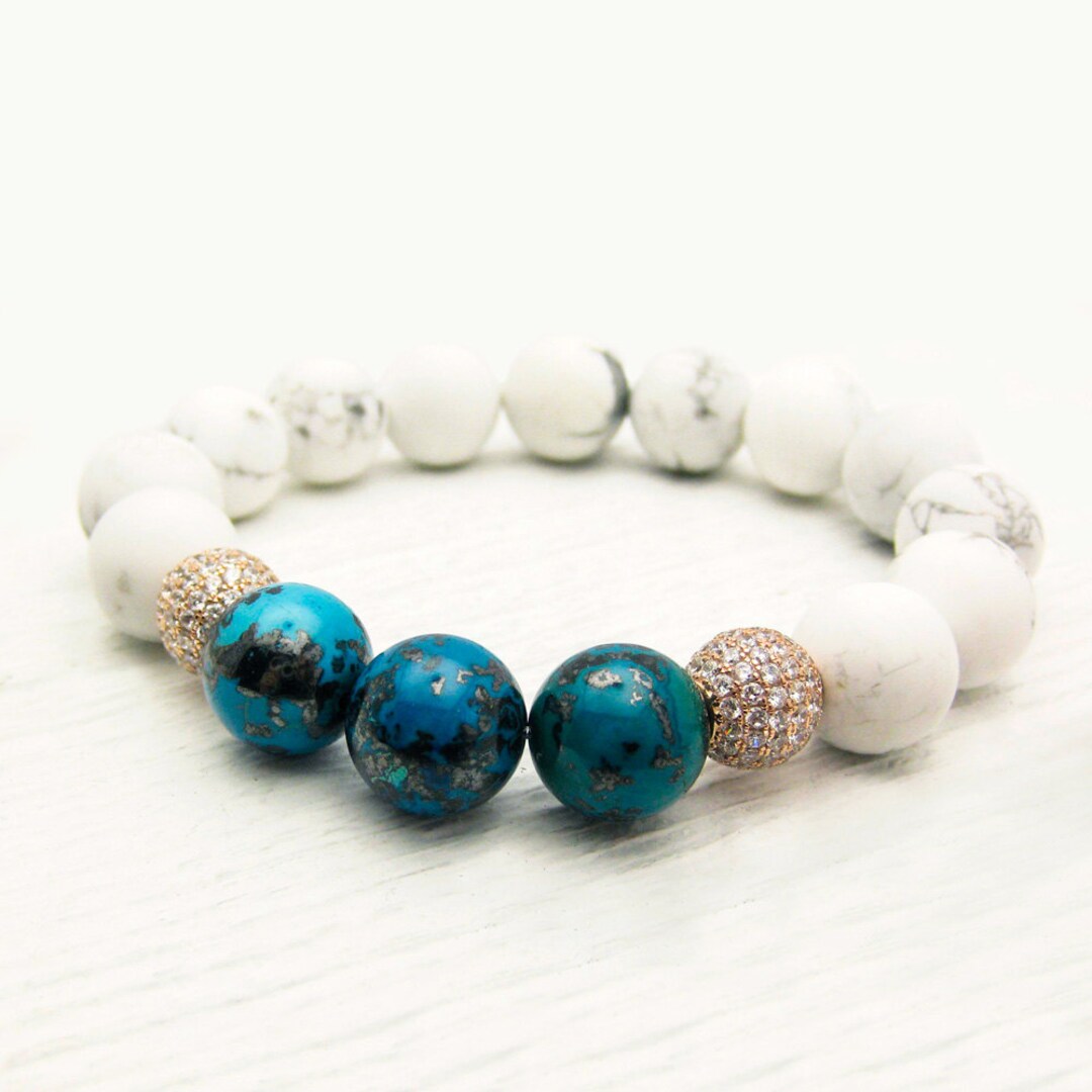 Congo Chrysocolla Pave Bead Bracelet / Snow White Howlite Sterling ...