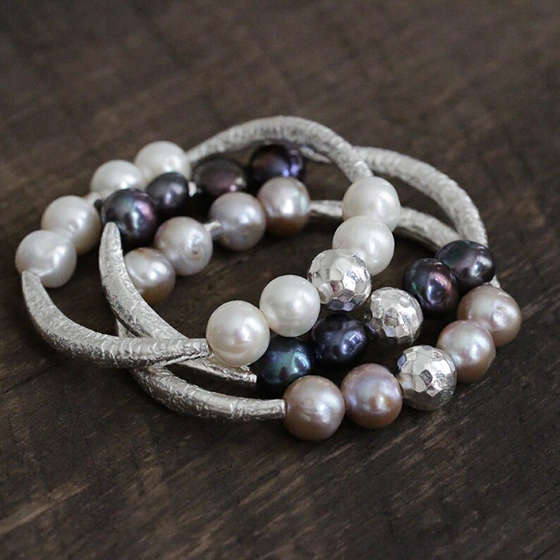 White Pearl Silver Bangle / Hammered Hill Tribe Silver / Ocean Beach ...