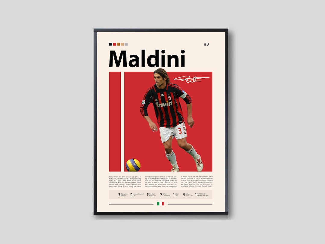 Paolo Maldini Poster, AC Milan, Sports Poster, Soccer Gift, Football ...