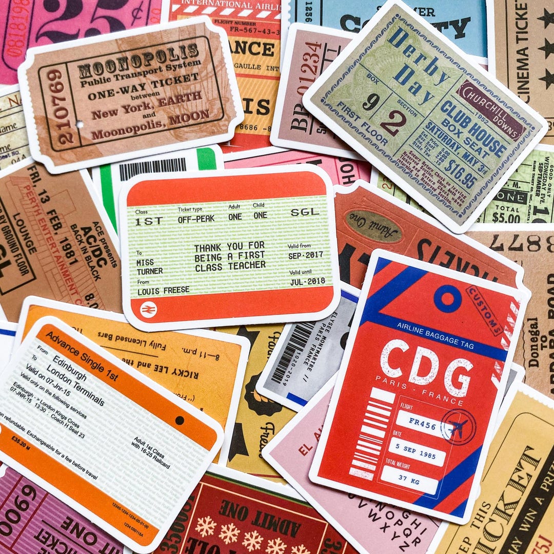 100 Vintage Ticket Stickers, Retro Travel Stickers, Admit One Stickers ...