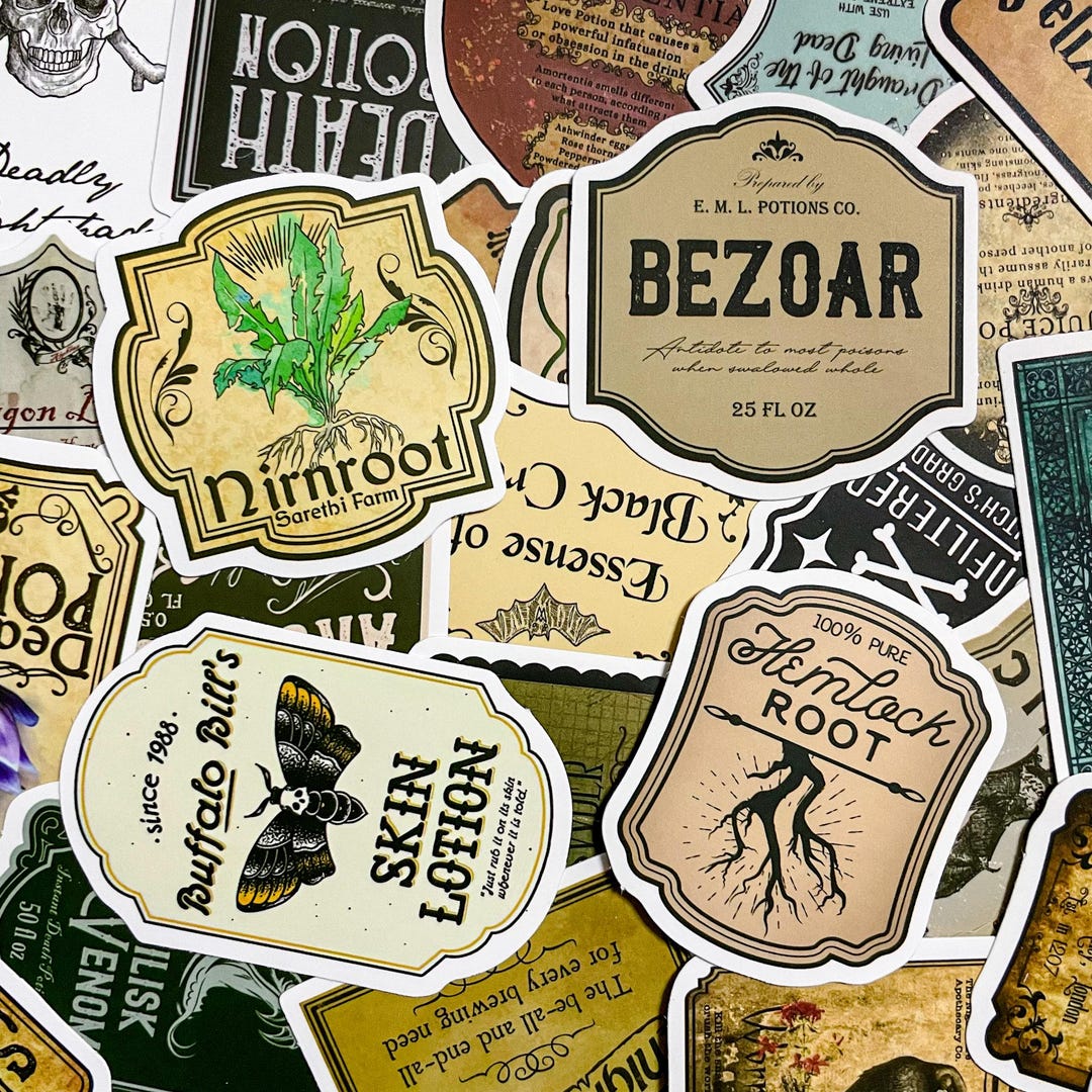 50 Magical Potion Stickers, Vintage Witchy Labels, Gothic Fantasy ...