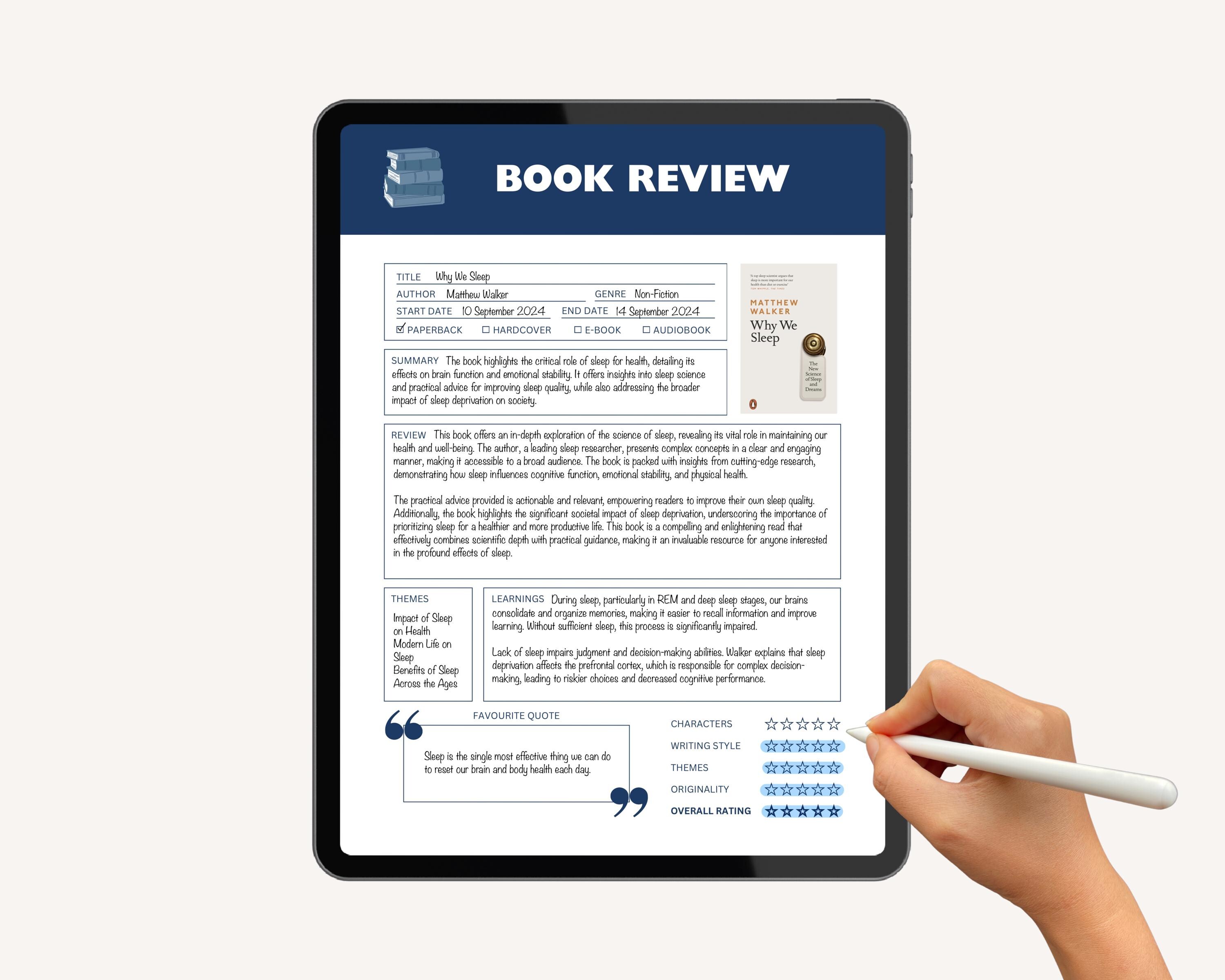 Simple Book Review Template Printable A4 PDF Letter Navy Blue Reading ...