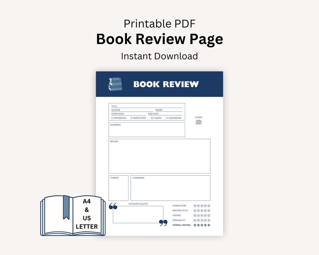 Simple Book Review Template Printable A4 PDF Letter Navy Blue Reading ...