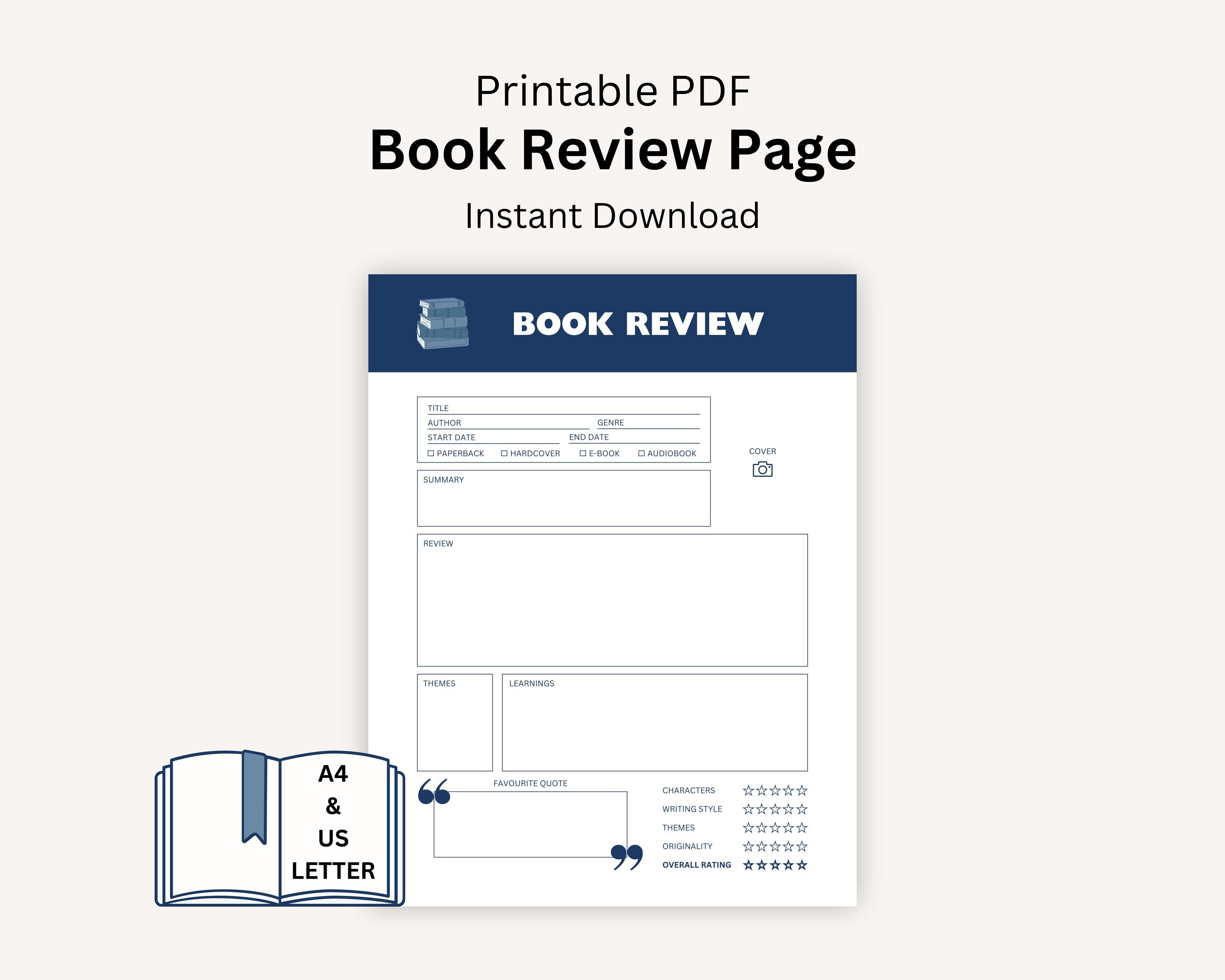 Simple Book Review Template Printable A4 PDF Letter Navy Blue Reading ...