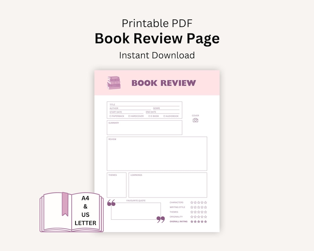 Book Review Reading Journal Page Pink Book Review Print Out A4 Book ...