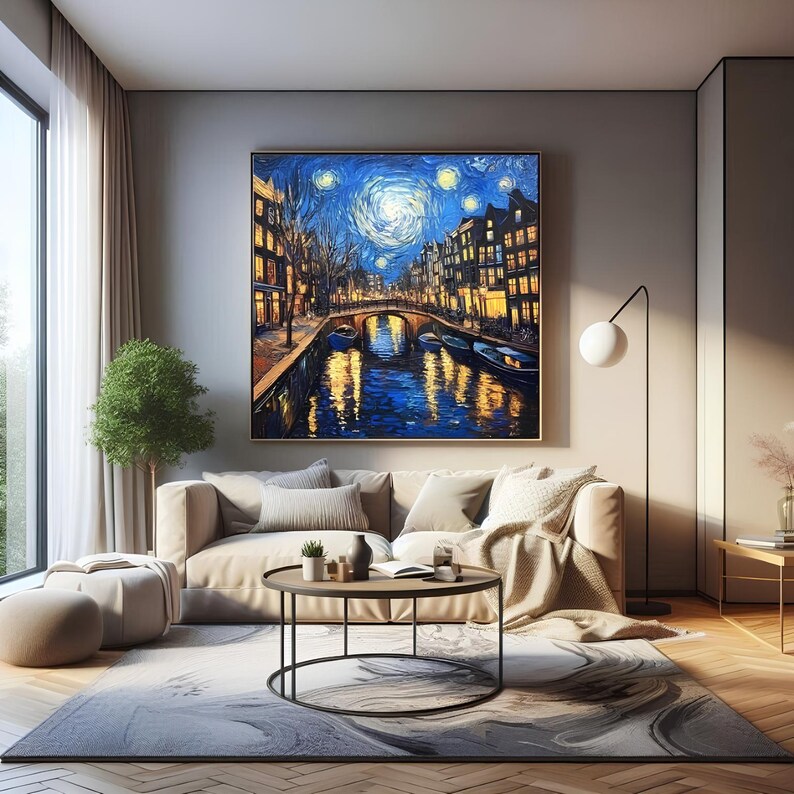 Amsterdam Canal Night Scene Painting, Vincent Van Gogh Style Painting ...