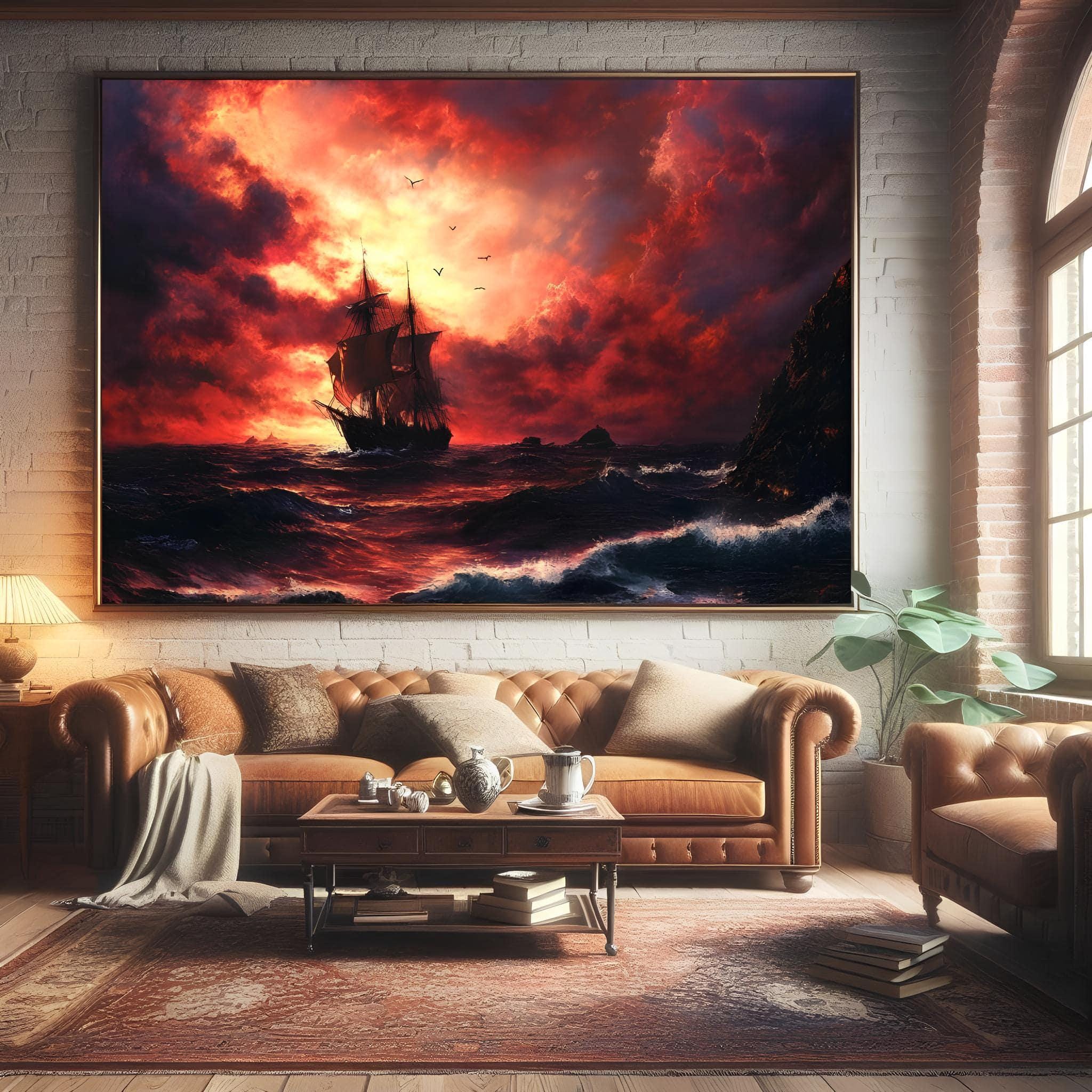 Nautical Dramatic Seascape Painting, Pirate Ship Boat Sailing Under ...
