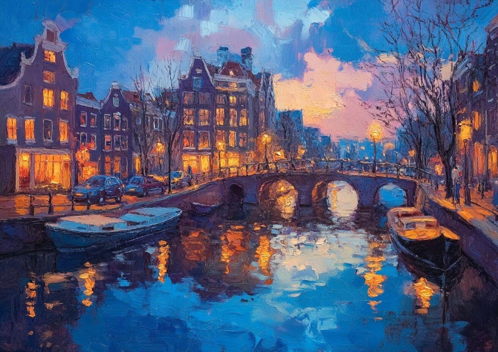 Impressionist Amsterdam Canal Painting - Sunset Scene, Romantic Dutch ...