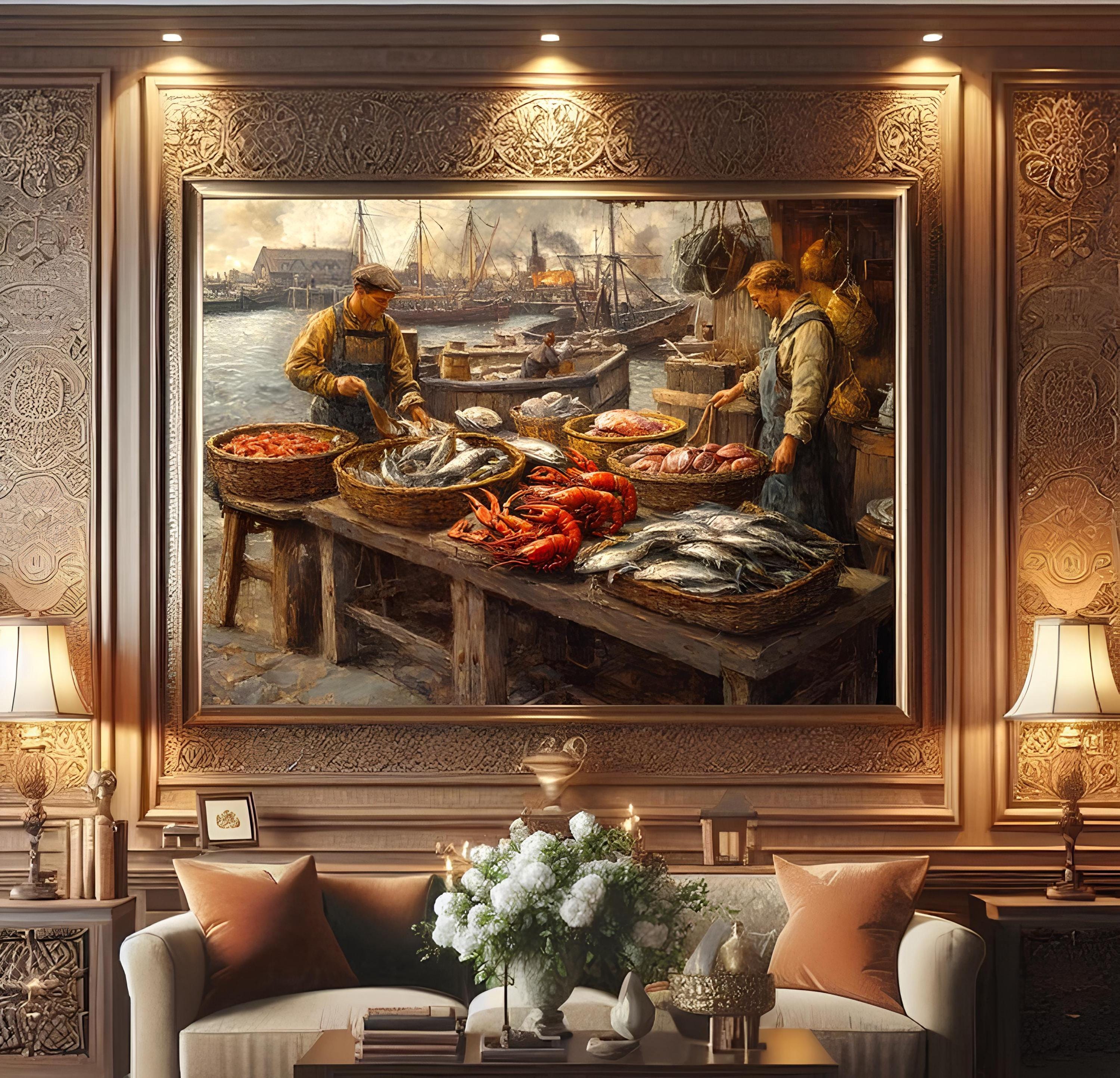 Vintage Fish Market Oil Painting, Maritime Seaside Fishermen Scene ...