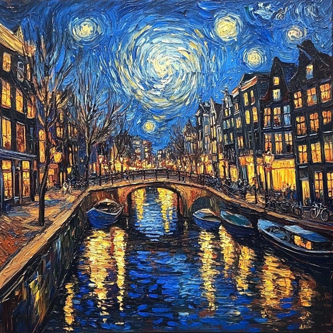 Amsterdam Canal Night Scene Painting, Vincent Van Gogh Style Painting ...