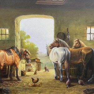 Vintage Horse Farm Oil Painting on Canvas, Rustic Scene of Country Farm ...