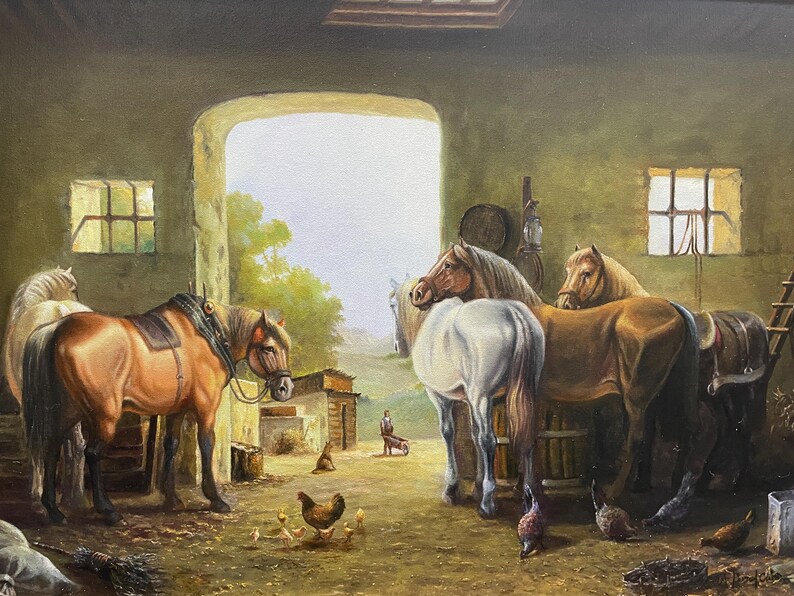 Vintage Horse Farm Oil Painting on Canvas, Rustic Scene of Country Farm ...
