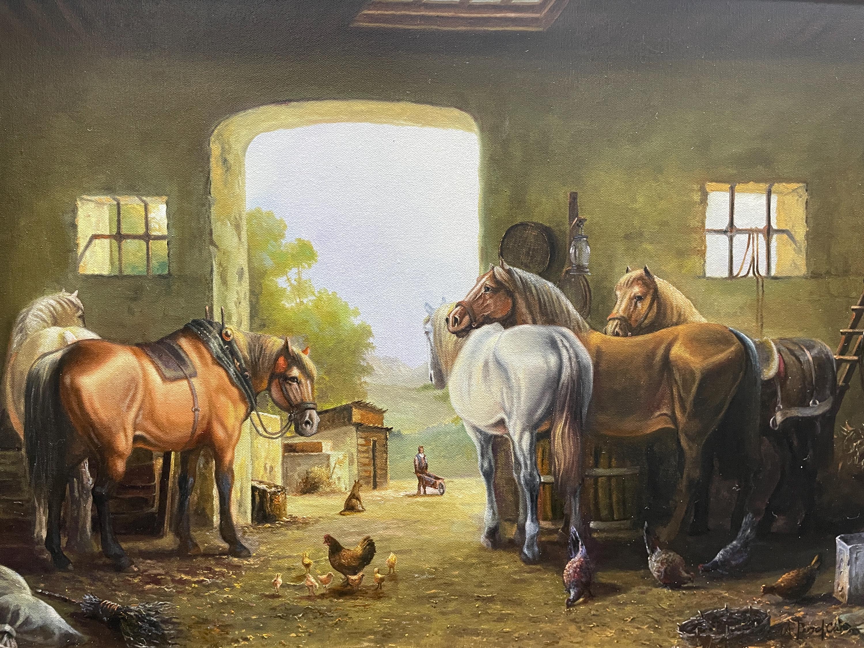 Vintage Horse Farm Oil Painting on Canvas, Rustic Scene of Country Farm ...