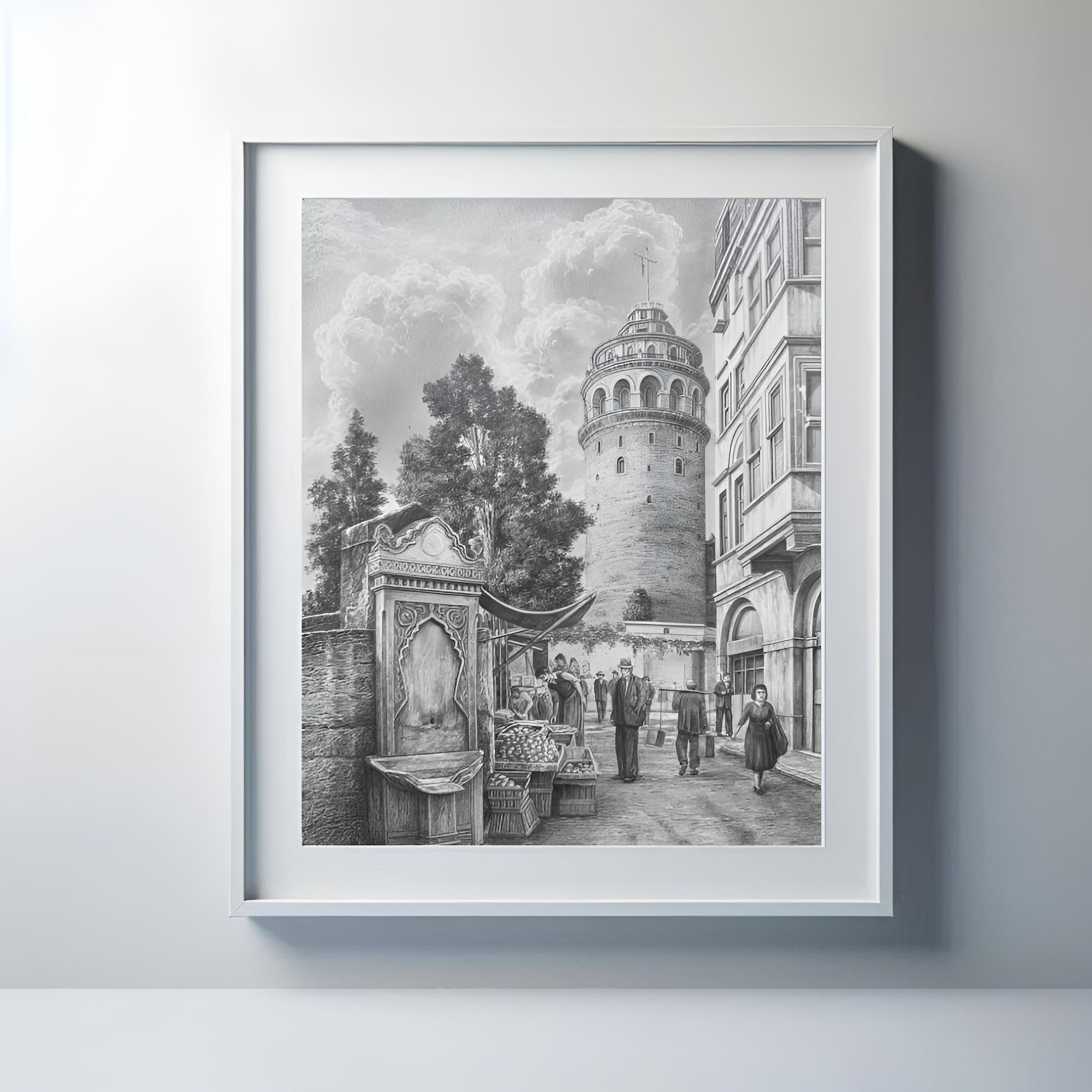 Historical Istanbul Galata Tower Charcoal Drawing, Print of an Original ...