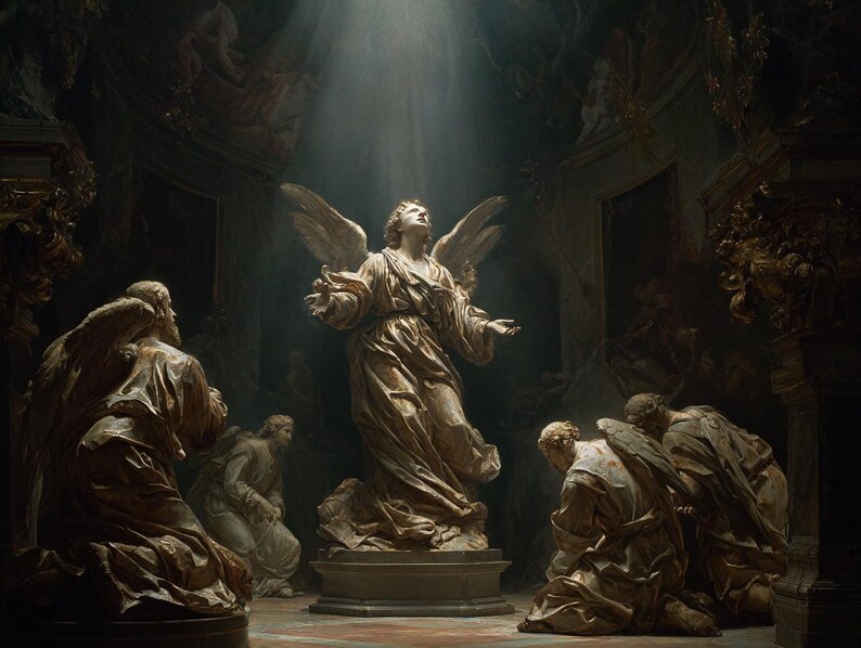 Baroque Prophecy Vision, Angel Statue Illuminated by Sacred Spotlight ...