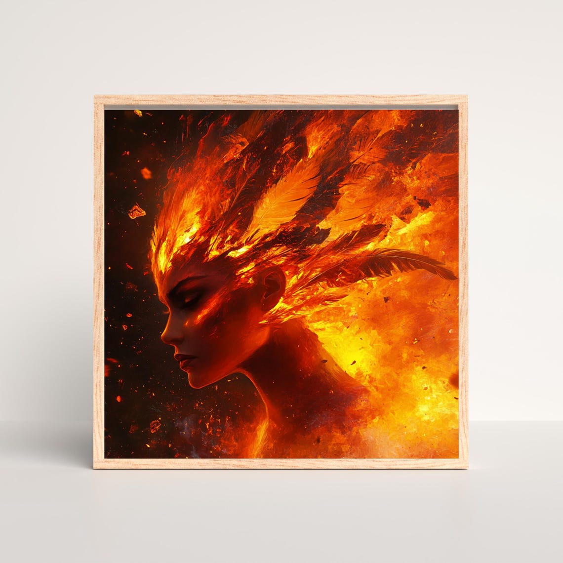 Fiery Goddess Portrait Painting, Flaming Feather Wall Art, Mythical ...
