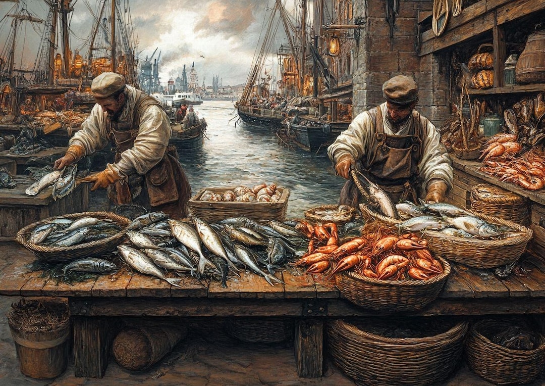 Baroque Style Seafood Fish Market Painting, Vintage Harbor Bazaar Scene ...