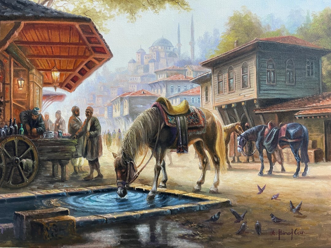 Ottoman Street Scene Oil Painting on Canvas, Vintage Istanbul Market ...