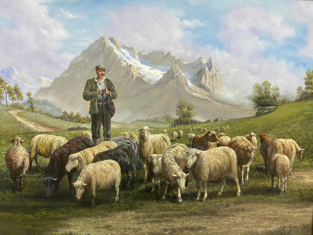 Original Pastoral Landscape Oil Painting on Canvas, Sheep Grazing on ...