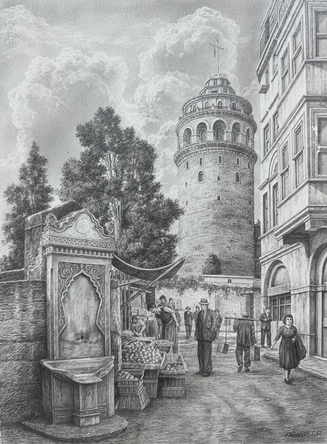 Historical Istanbul Galata Tower Charcoal Drawing, Print of an Original ...