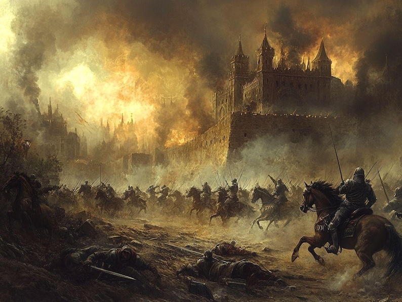 Medieval Era Battle Painting, Castle Siege Artwork, Gothic Wall Art ...