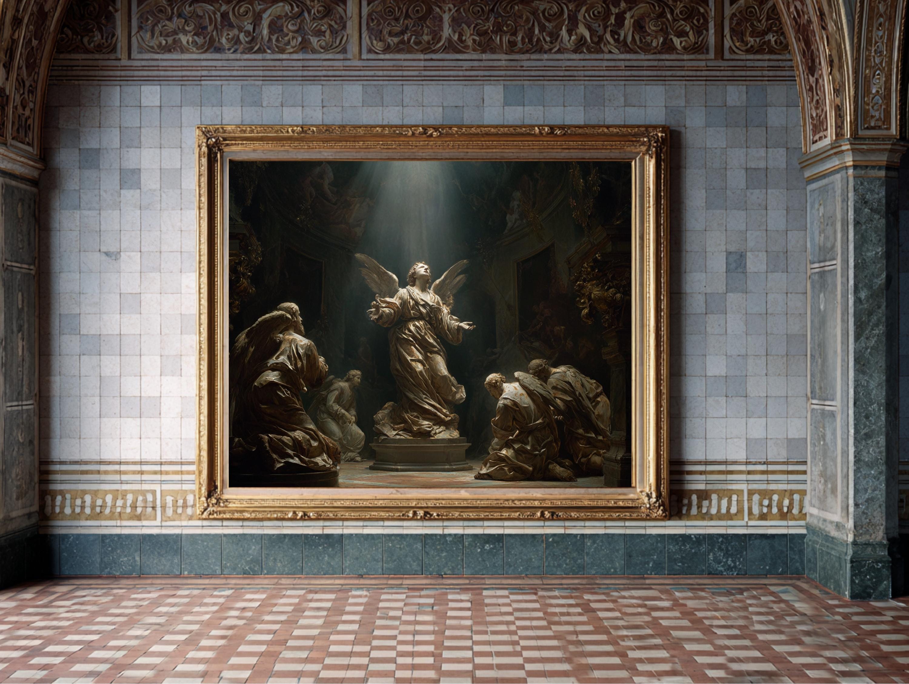 Baroque Prophecy Vision, Angel Statue Illuminated by Sacred Spotlight ...