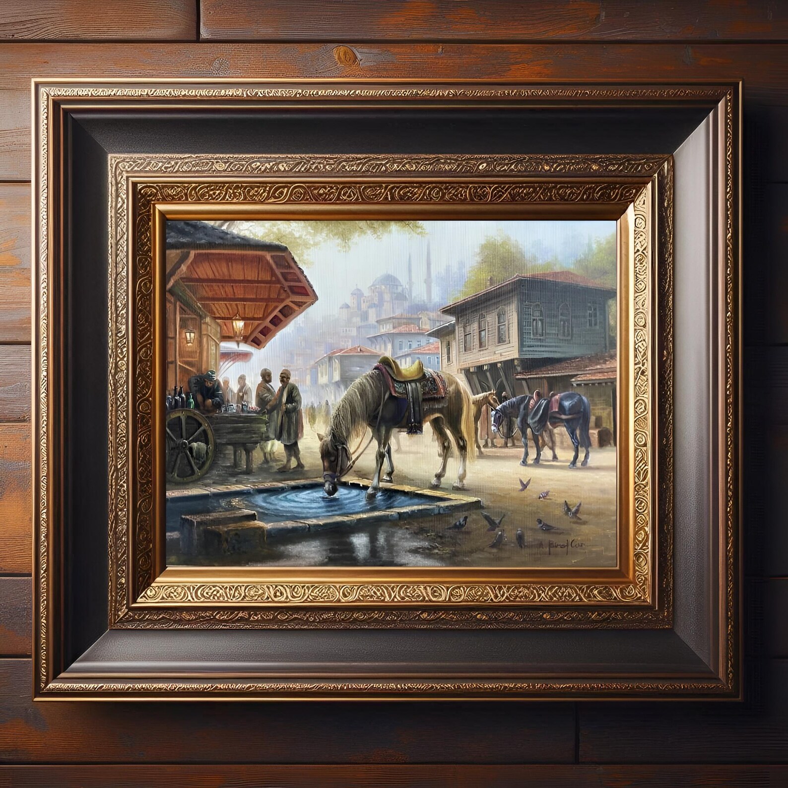 Ottoman Street Scene Oil Painting on Canvas, Vintage Istanbul Market ...