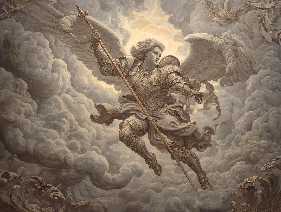 Baroque Warrior Angel Fresco Canvas, Epic Heavenly Sentinel With ...