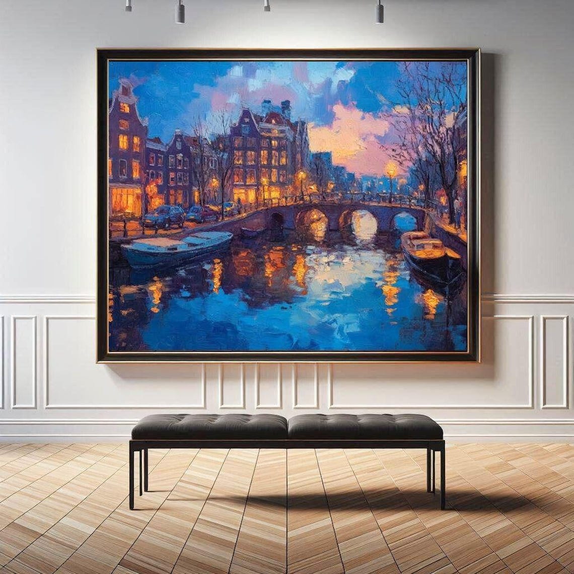 Impressionist Amsterdam Canal Painting - Sunset Scene, Romantic Dutch ...