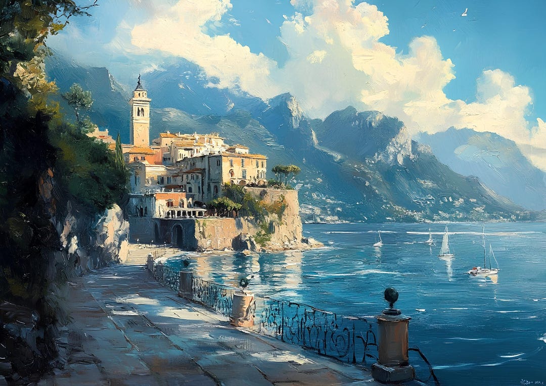 Italy Coastal Landscape Painting, Italian Riviera Village Painting ...