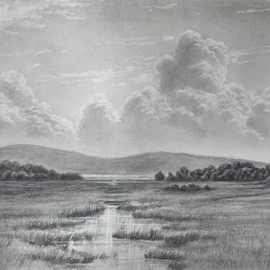 Pencil Drawing of Serene Countryside Landscape, Original Sketch for ...