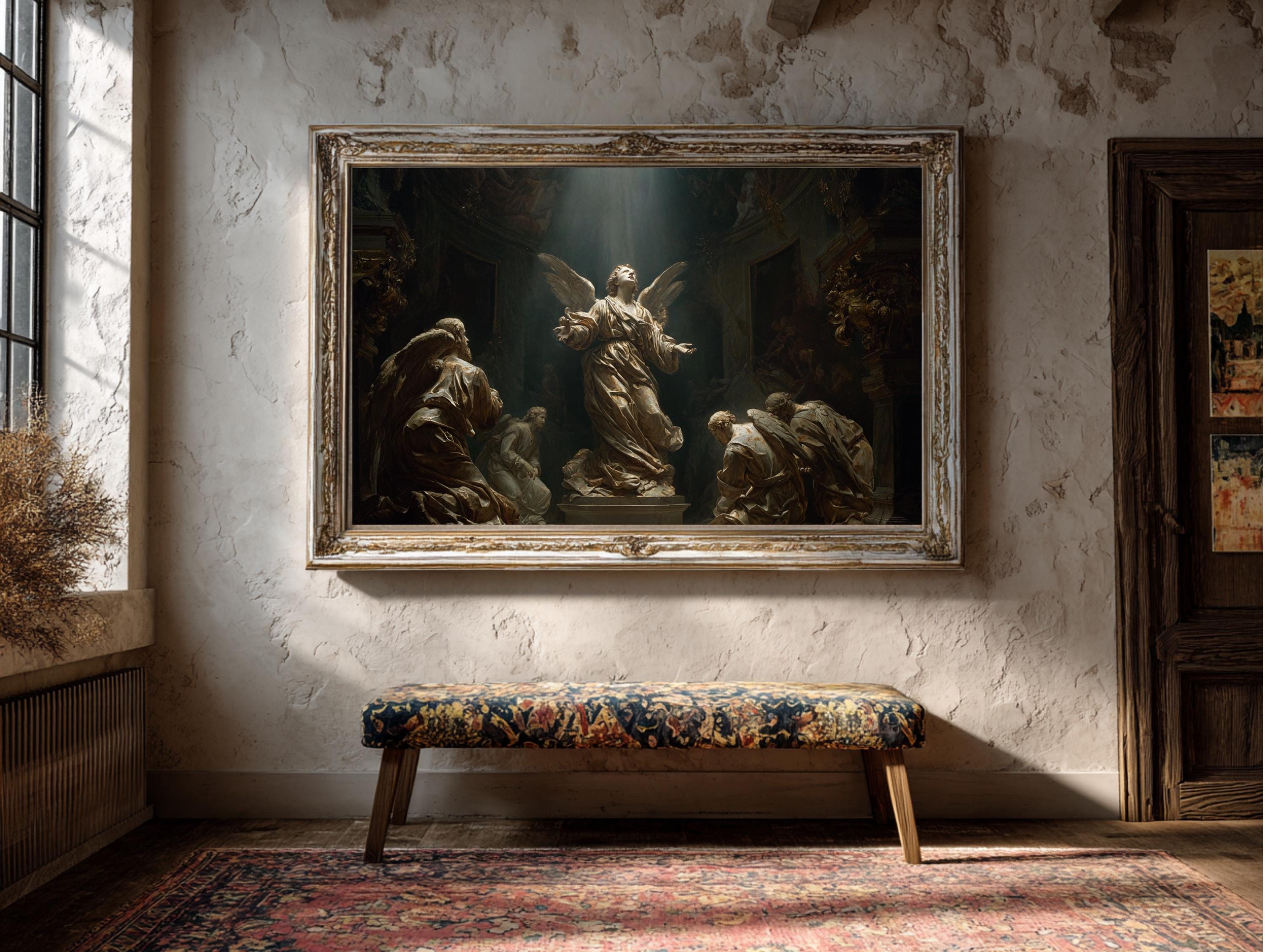 Baroque Prophecy Vision, Angel Statue Illuminated by Sacred Spotlight ...
