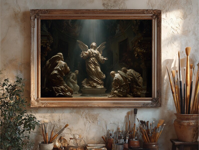 Baroque Prophecy Vision, Angel Statue Illuminated by Sacred Spotlight ...