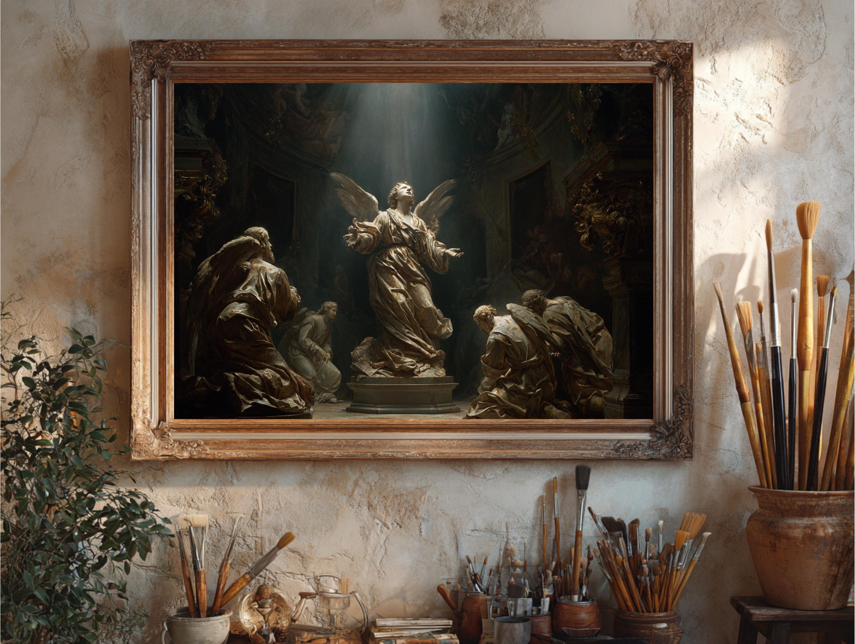 Baroque Prophecy Vision, Angel Statue Illuminated by Sacred Spotlight ...