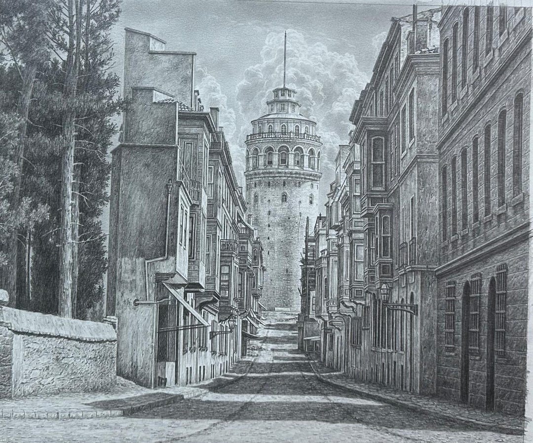 Istanbul Galata Tower Pencil Drawing, Historic Turkey Landmark Artwork ...