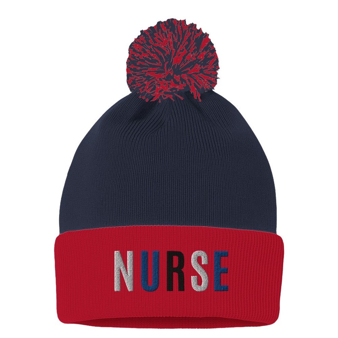 Embroidered Nurse Beanie, Pom-pom Beanie, Winter Hat for Nurse, RN Hat ...