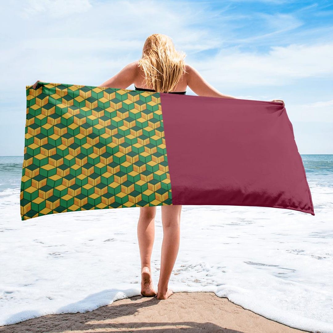 Giyu Anime Beach Towel Demon Slayer Inspired Geometric Pattern Burgundy ...