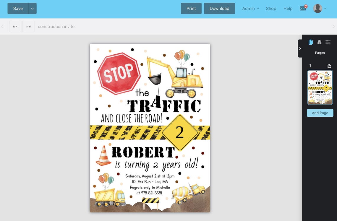Editable Download Instant Download Construction Theme Birthday ...